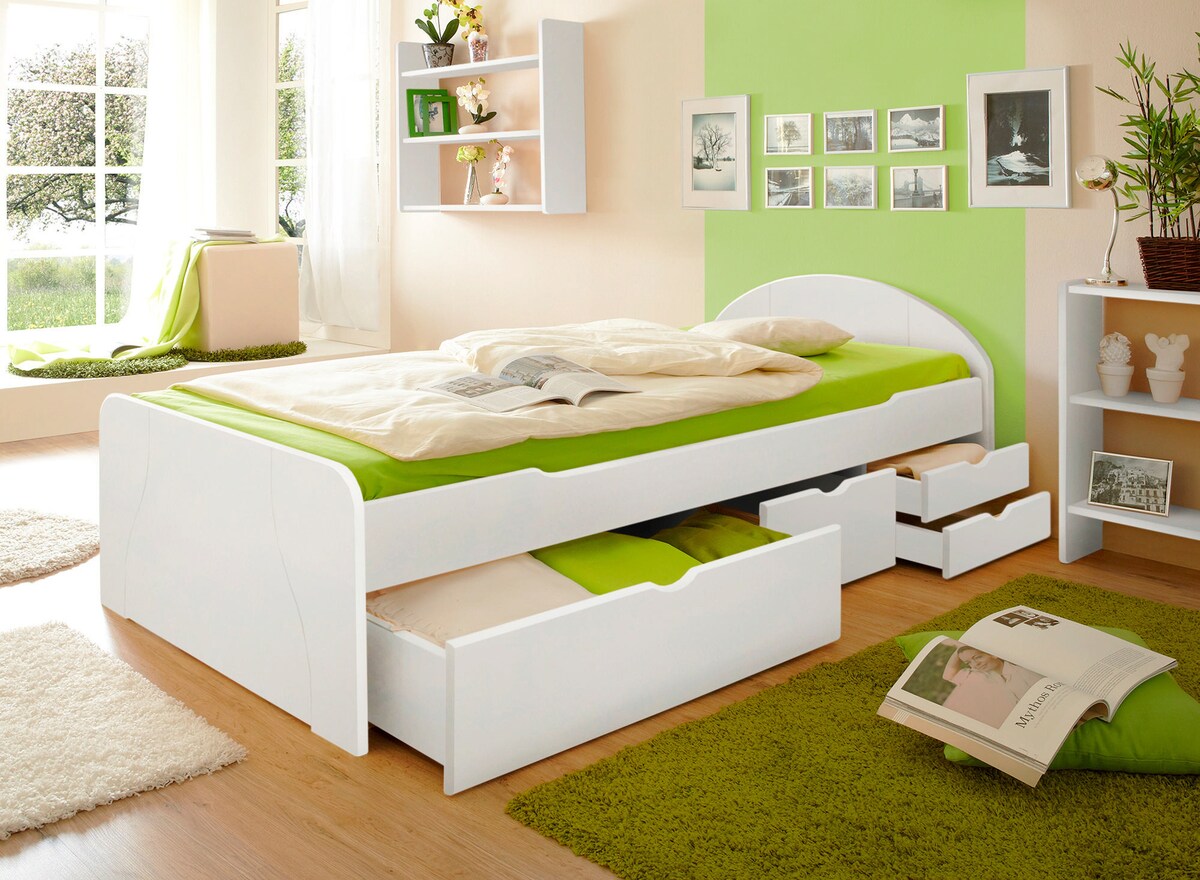 Ticaa - Schubkastenbett Erna Kiefer Weiß