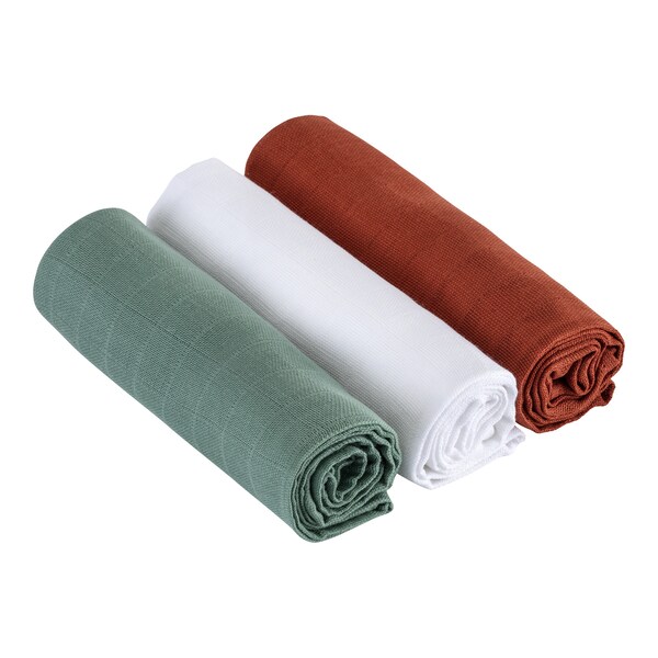 Bornino - Lieblinge - 3er-Pack Mullwindeln 80x80 cm - Grün, Rostrot, Weiß
