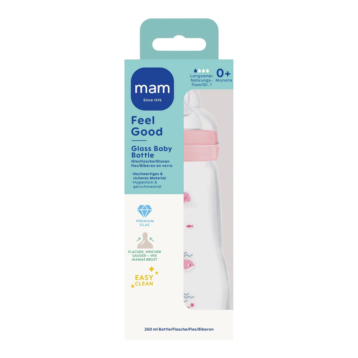 MAM - Biberon Feel Good mat, verre, 260 ml, à partir de 0M - rose